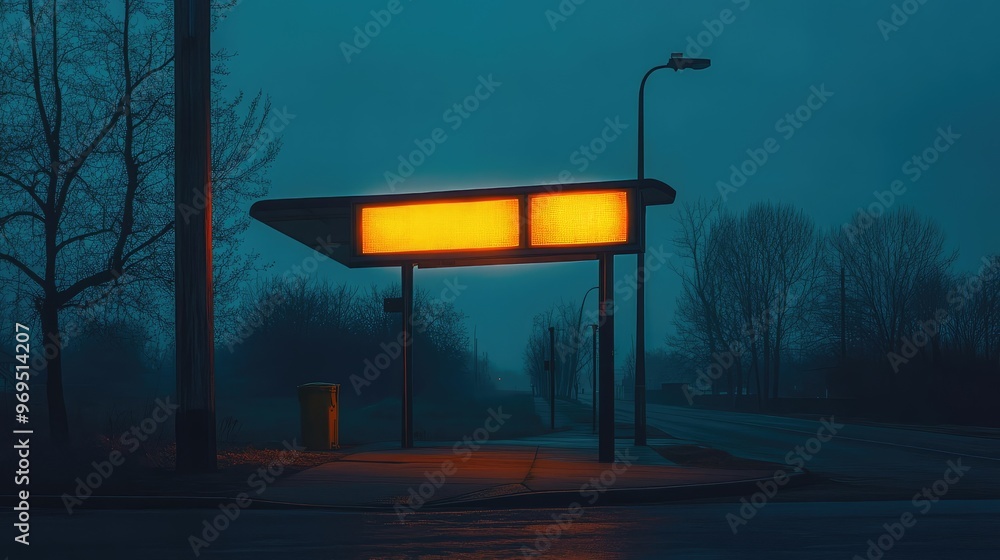 Liminal space photograph of a bus stop in a sleepy suburb at early dawn ...