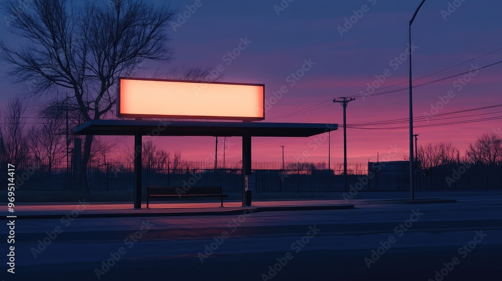 Suburban bus stop at dawn with neon billboard providing the only light ...
