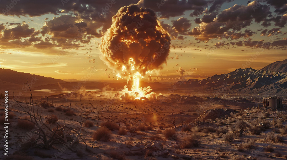 Nuclear explosion illuminates desert landscape, casting eerie glow over ...