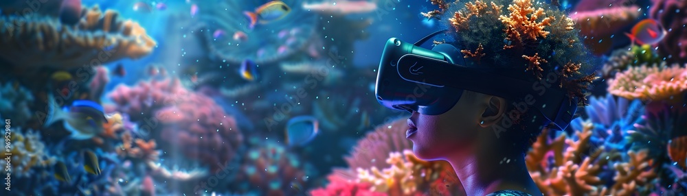 Person experiencing an underwater virtual reality simulation with ...