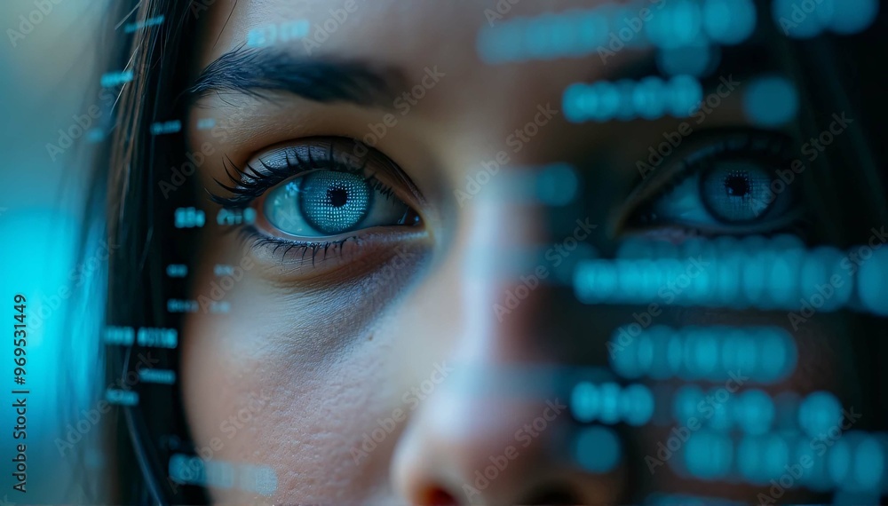 A person's eyes are shown in close-up double exposure with digital ...