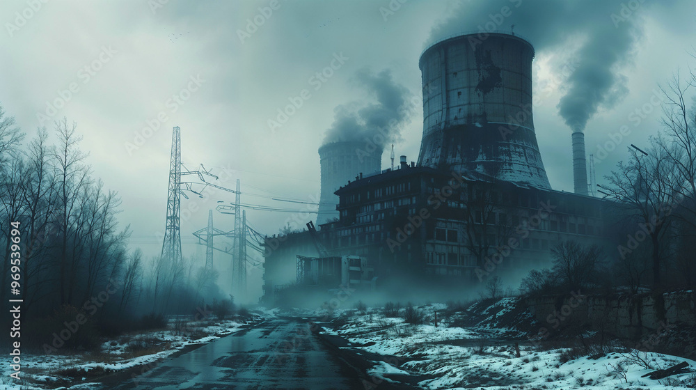 Desolate industrial landscape with smoking cooling towers and power ...