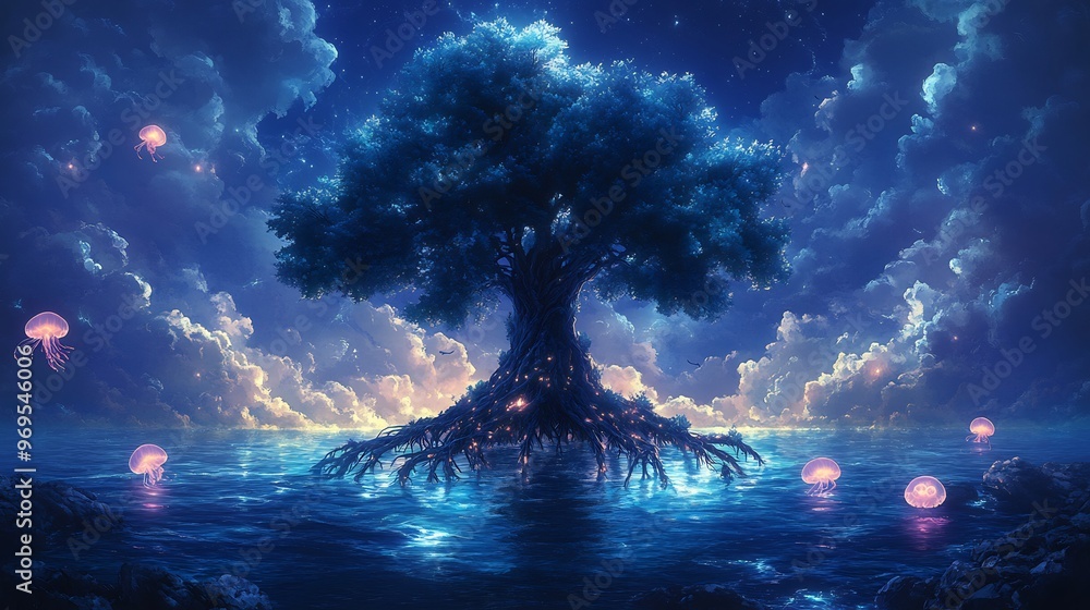 Vector design of a surreal dreamscape where a giant tree grows in the ...