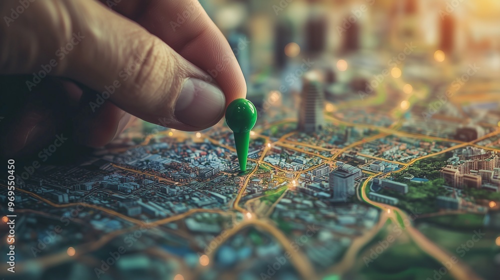 Hand placing a pin on a city map, representing gis data mapping and ...