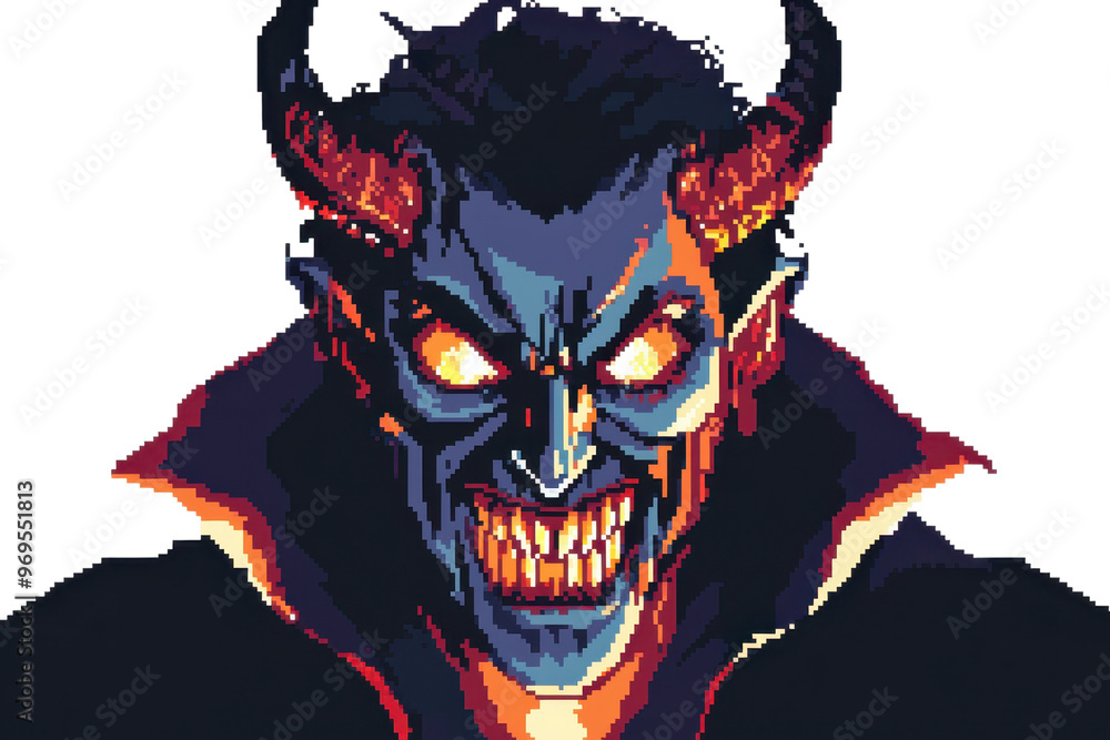 Pixel art of a demonic face with glowing eyes and fiery accents ...