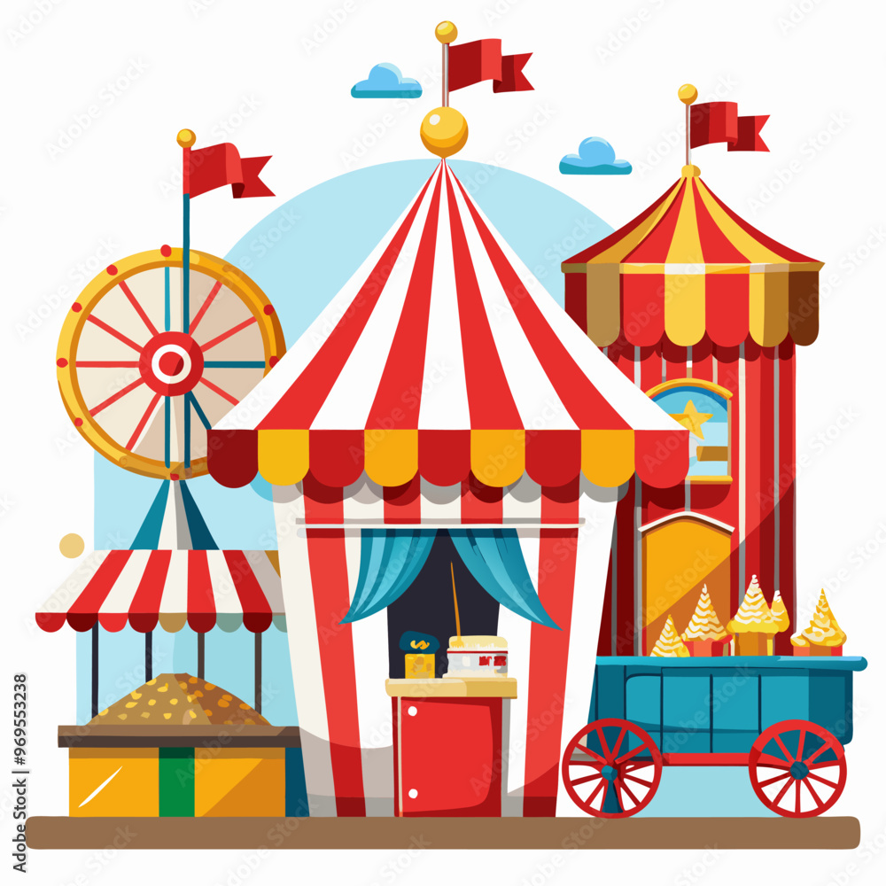 Circus tent, carousel, ticket booth and popcorn cart. Carnival funfair ...