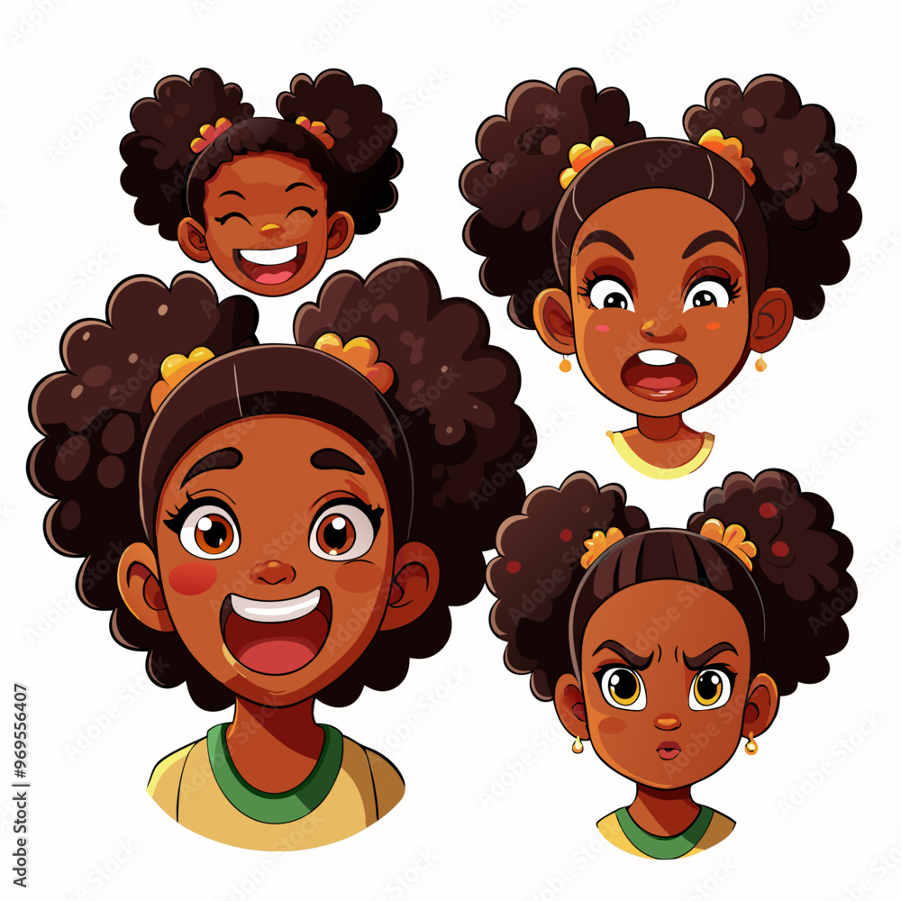 Black african girl face expression avatar vector set. Different female ...