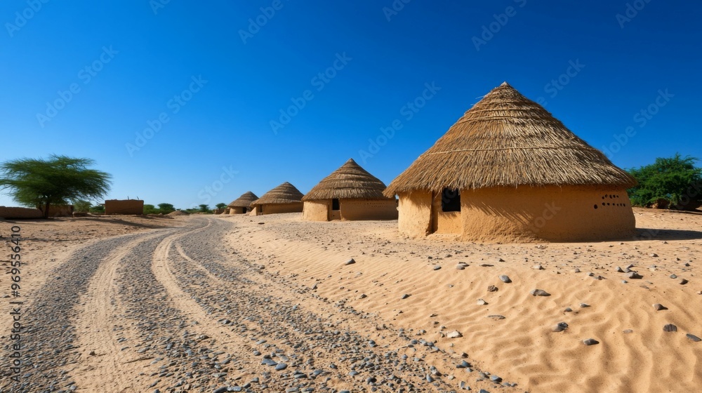 A cluster of mud huts with thatched roofs stands in a sandy, desert ...