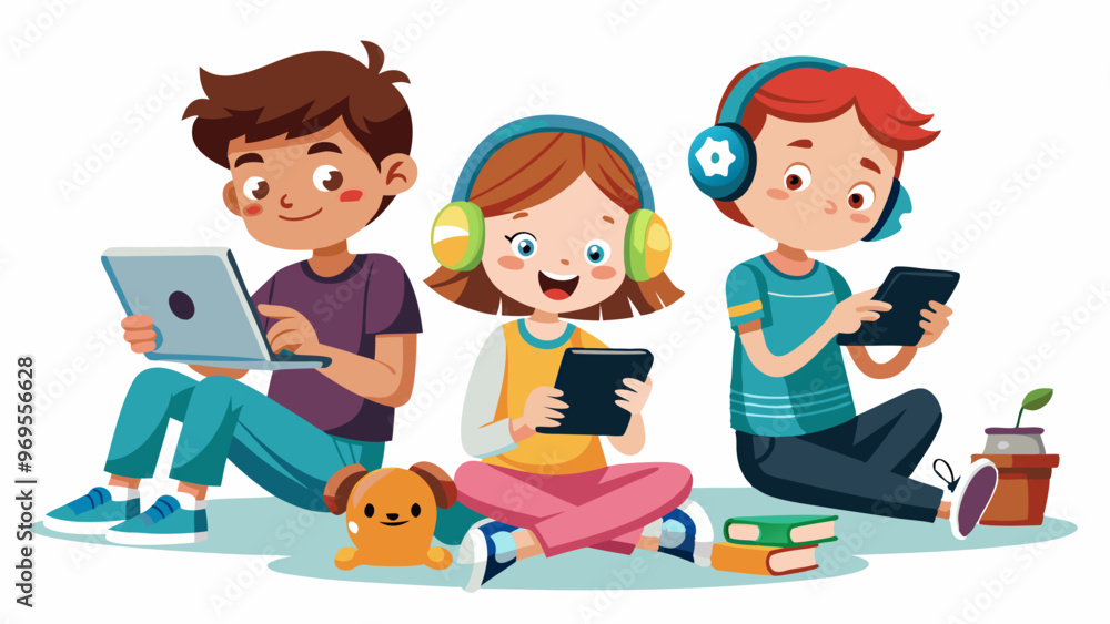 Children using gadgets isolated on white background. Vector cartoon ...