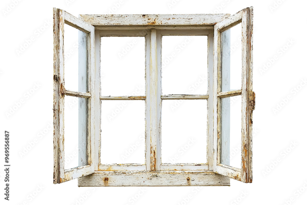 Vintage wooden window frame with open panes on isolated transparent ...