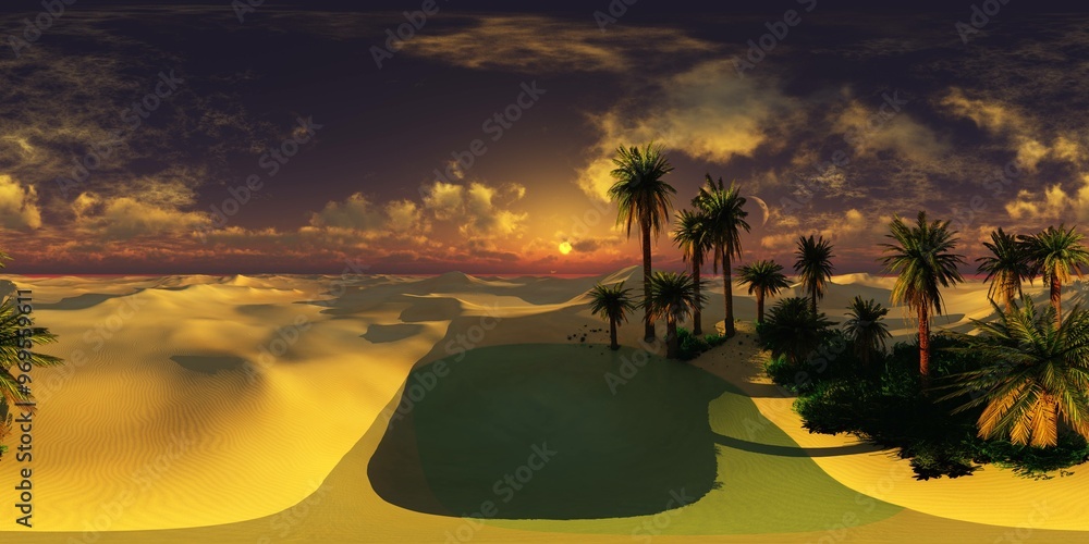 Palms, Oasis at sunset in a sandy desert, HDRI, environment map , Round ...