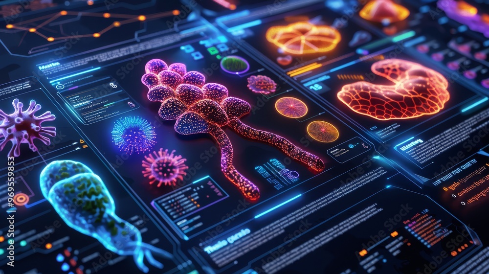 Futuristic digital interface displaying various microorganisms and ...