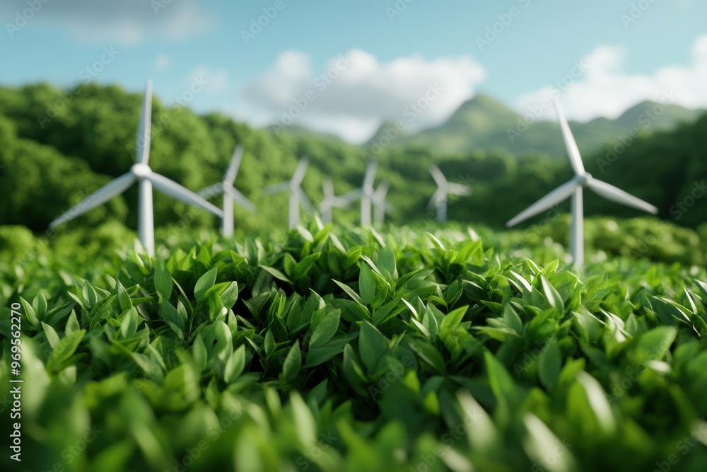 Vibrant greenery foreground with wind turbines in a lush landscape ...