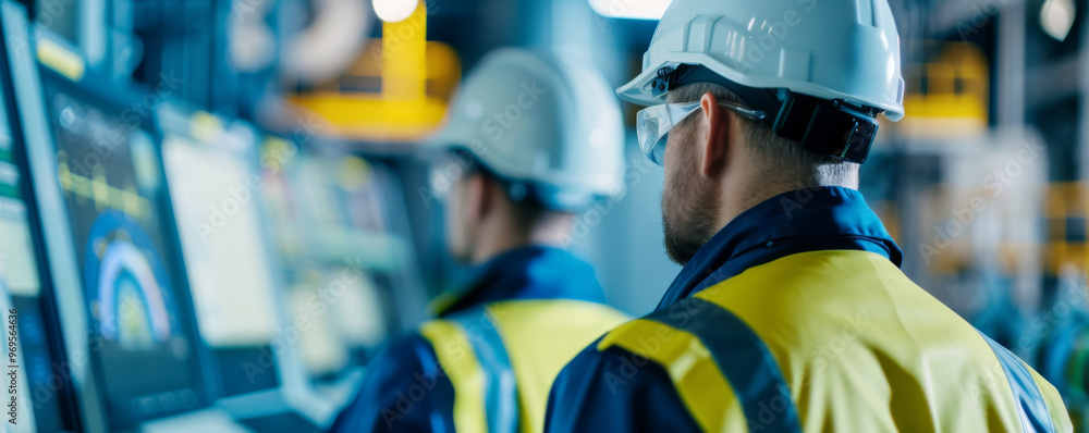 Two factory workers wearing safety helmets and vests operating ...