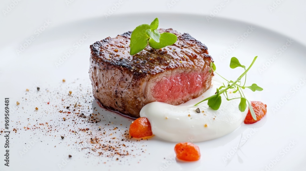 Describe how the visual presentation of the steak in the image can be ...