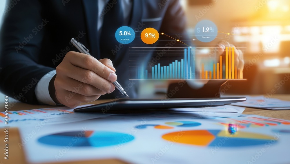 Businessman using a tablet to draw a graph of financial growth and ...