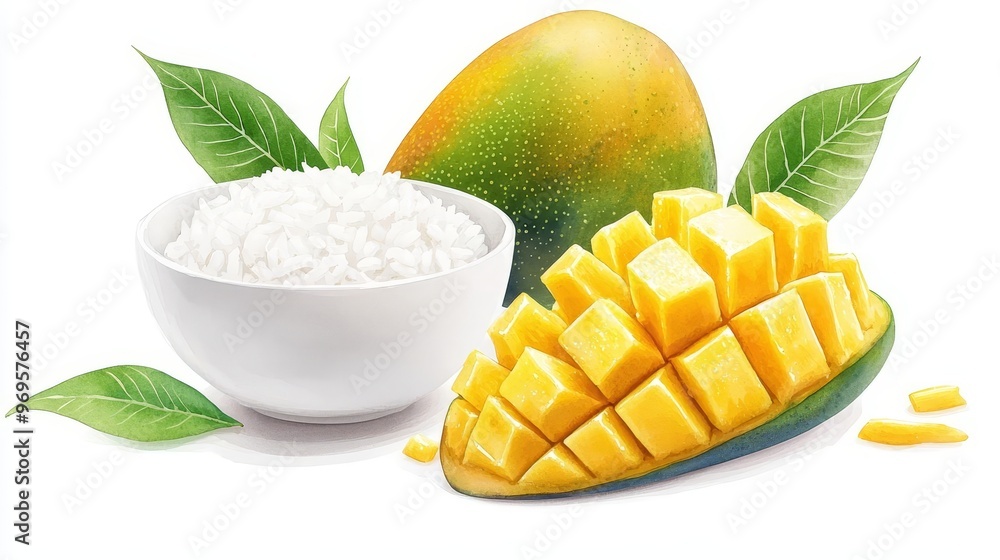 Traditional mango sticky rice watercolor image, bright mango, creamy ...