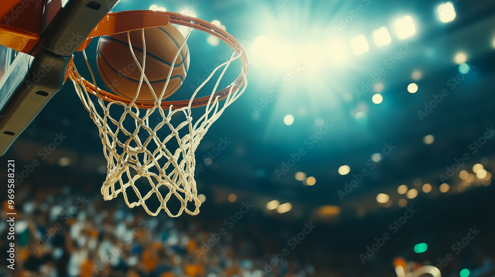 basketball just passing through the net after being successfully shot ...