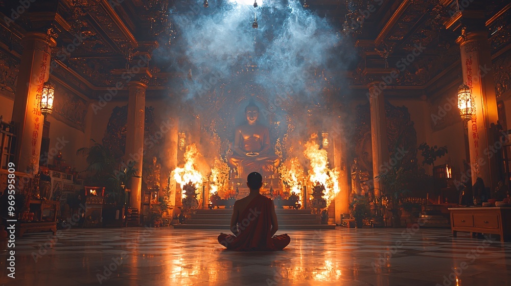 Pret ghost towering over a Buddhist monk in deep meditation, a haunting ...
