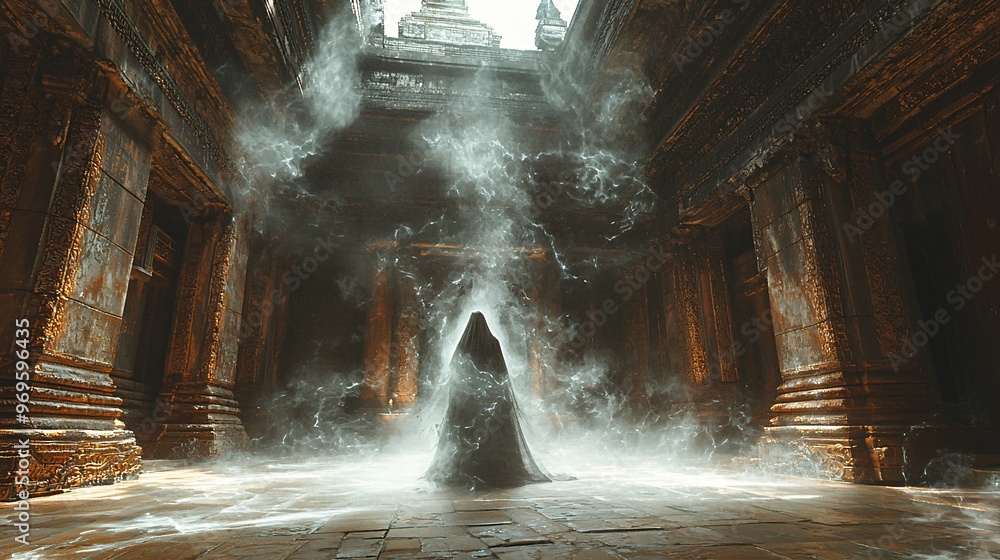 Phi Phraya, a ghostly figure drifting through an ancient Thai temple ...
