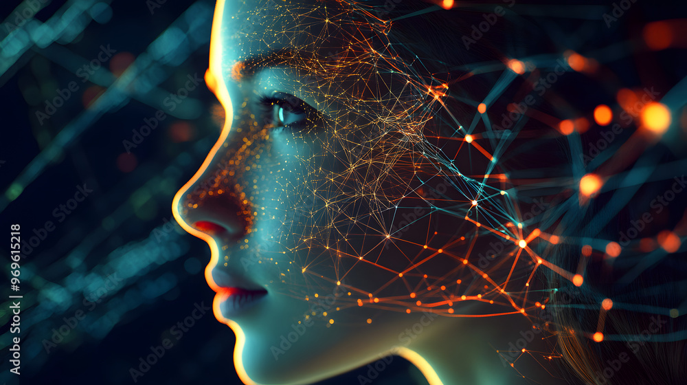 Neural Network Dreams: A woman's face illuminated by a web of glowing ...