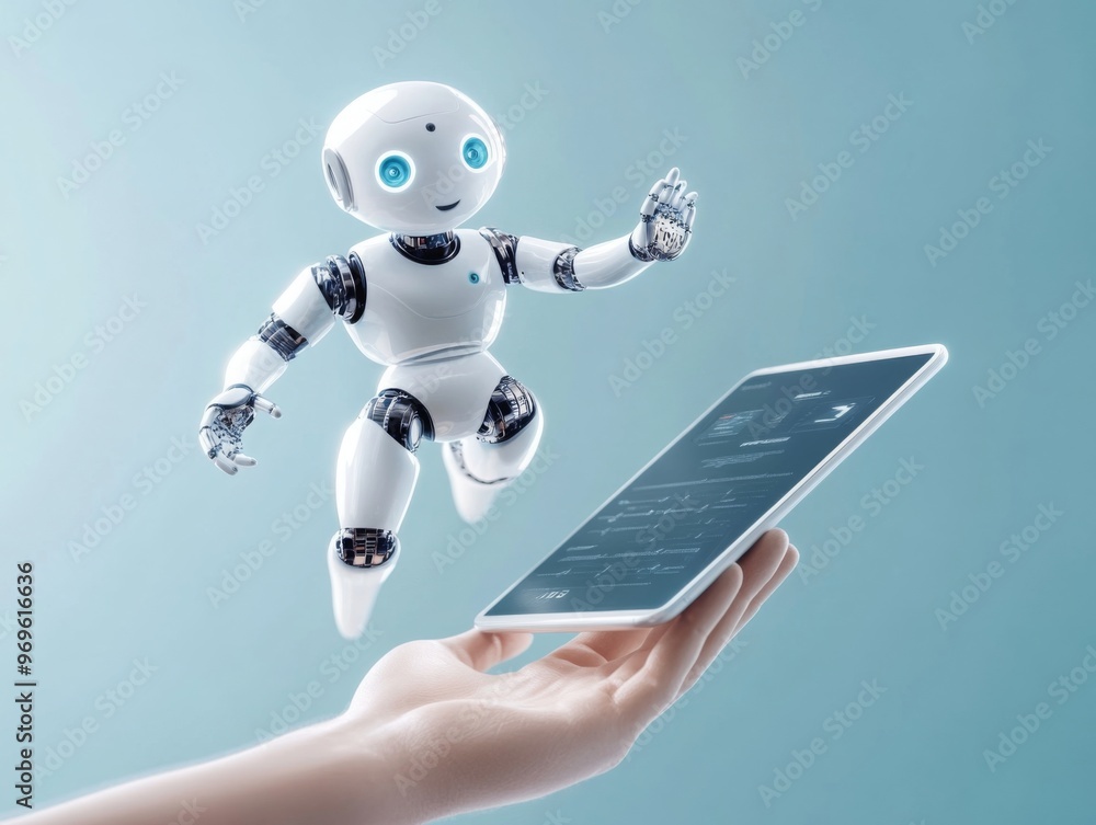 bot icon emerging from a digital tablet, AI-Powered Digital Assistants ...