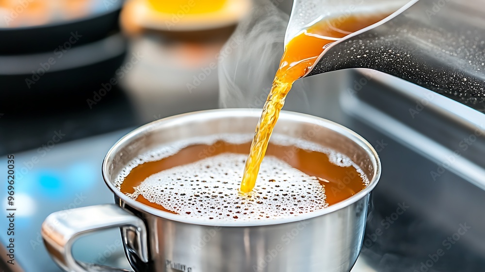 Traditional Malaysian teh tarik being poured from one metal container ...