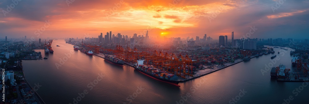 Aerial view of a modern container port with cargo ships and cranes at ...