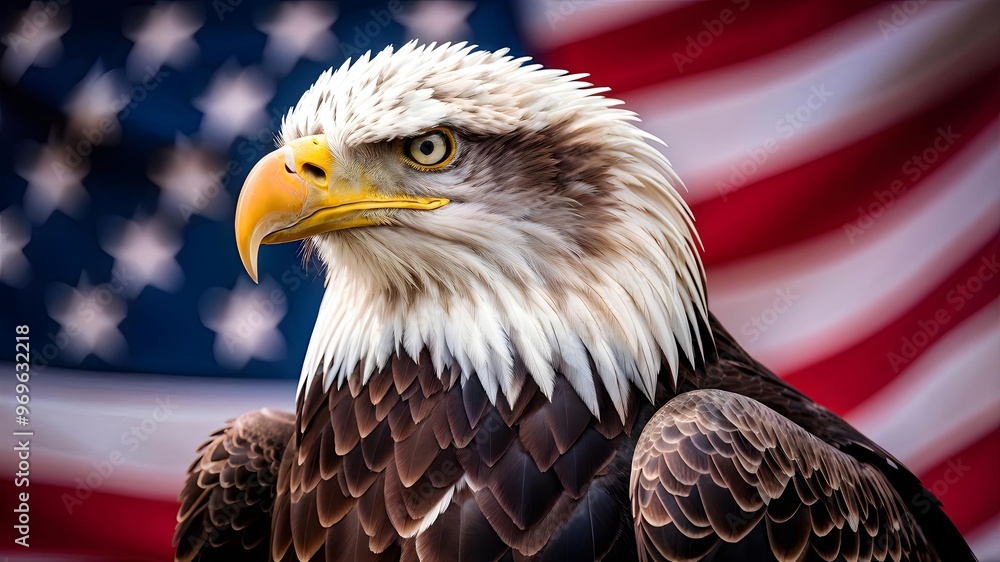 Majestic bald eagle in front of American flag symbolizing patriotism ...