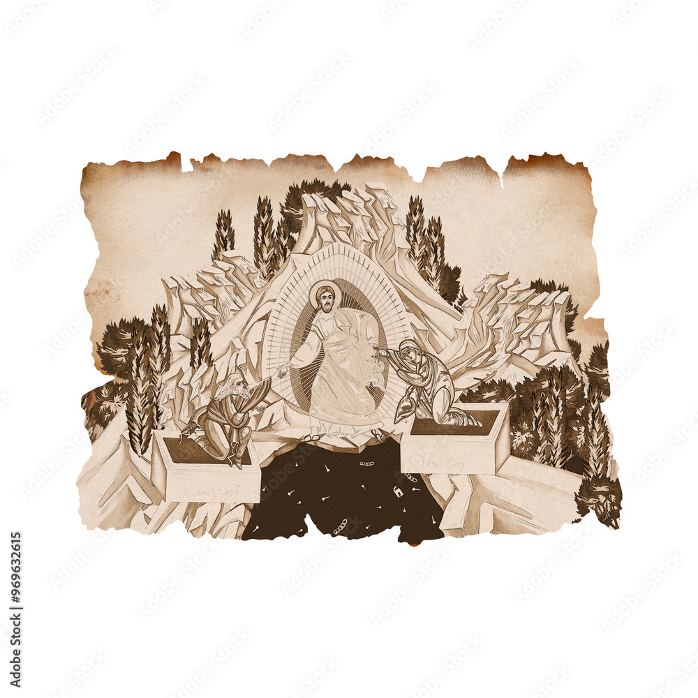 Vintage religious parchment design with Resurrection of Jesus scene in ...