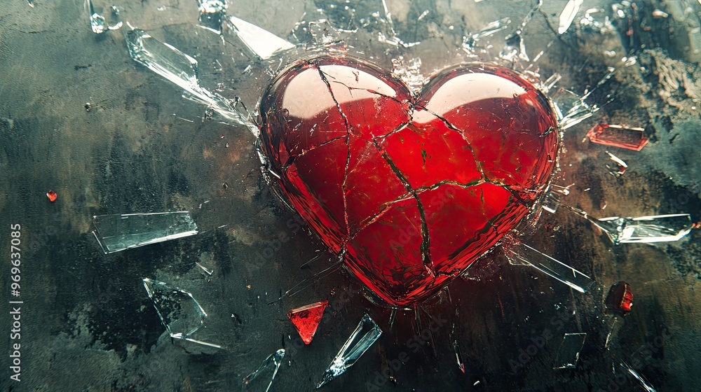 Red heart breaking apart with deep cracks, surrounded by transparent ...