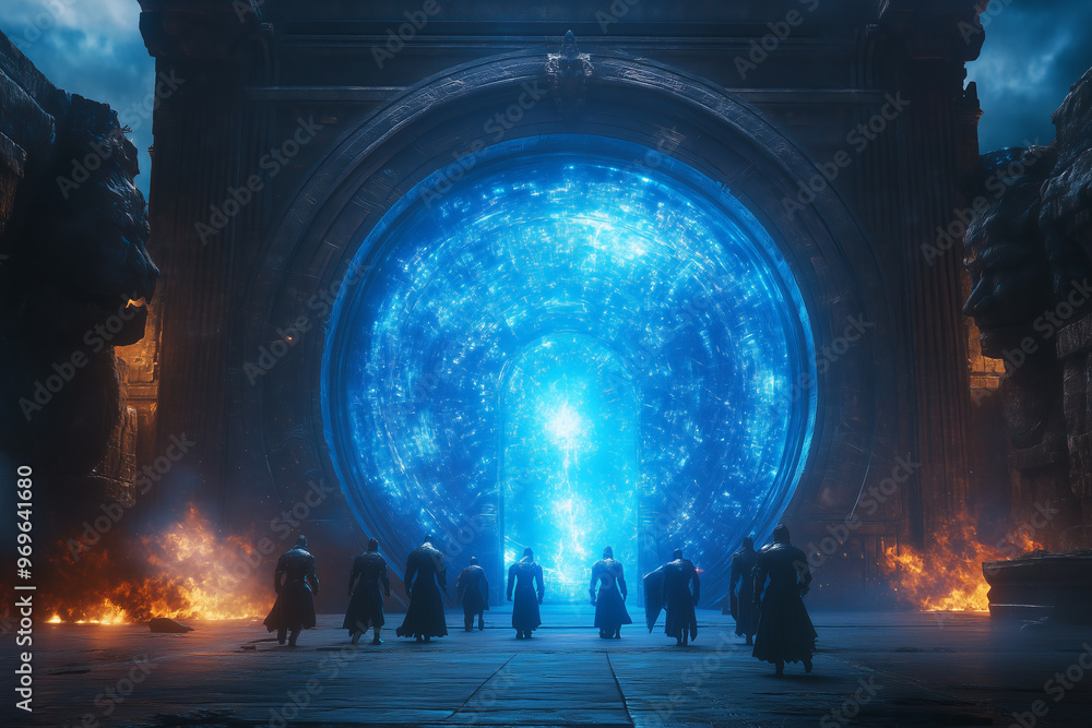Rendering a group of warriors entering a portal, a teleportation portal ...
