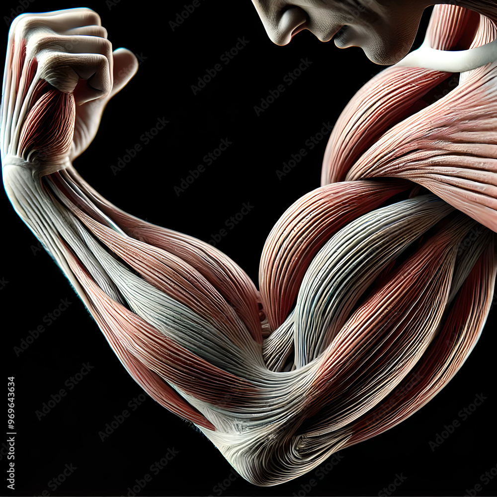 Contraction of biceps muscle during a curl exercise. muscle fibers ...