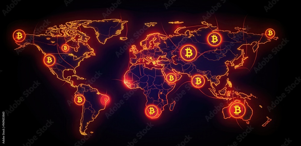 A world map with many different colored dots on it. The dots are ...