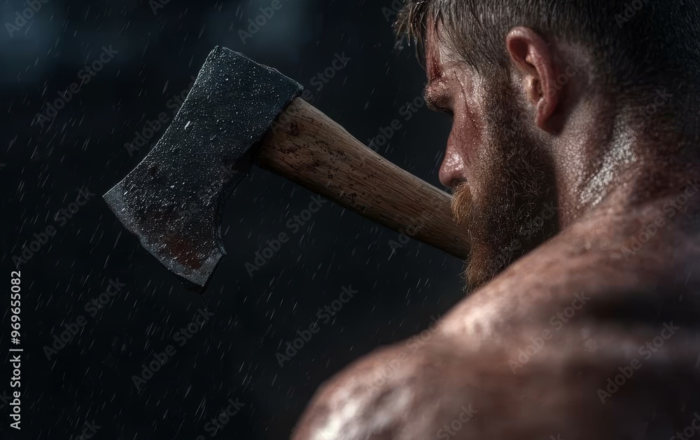 How does the intense gaze and the axe over the shoulder evoke themes of ...