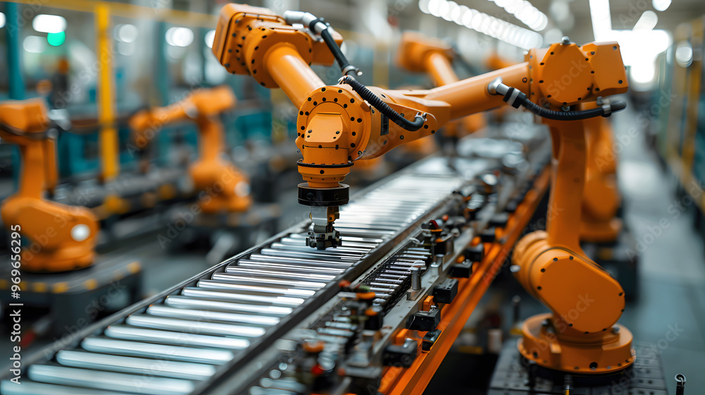 Orange robotic arms operate on an automated conveyor belt in a modern factory, showcasing ...