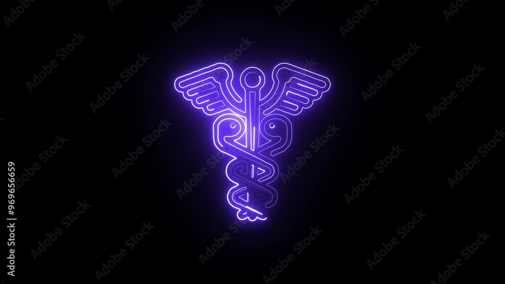 Neon Caduceus icon on dark background. Glowing animated Caduceus symbol ...