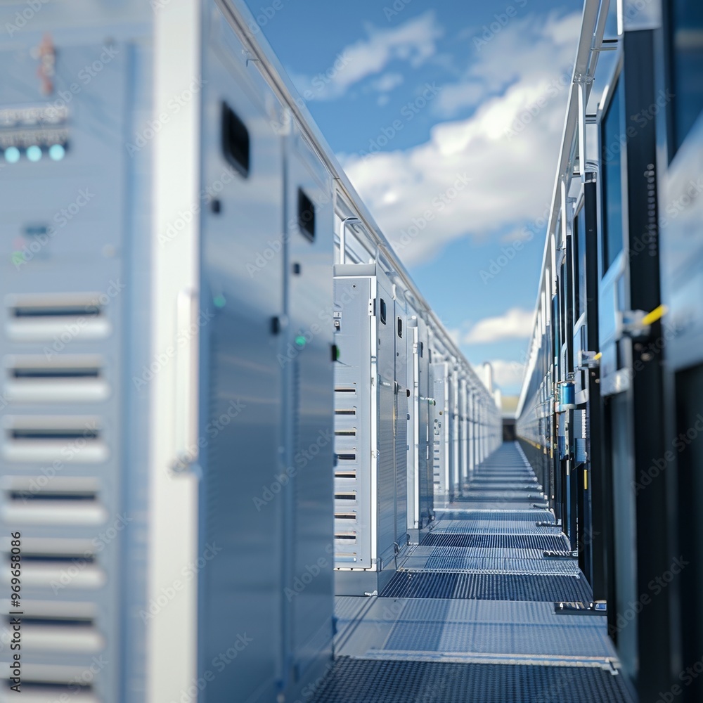 A long row of white server racks stand in a data center. The pathway is ...