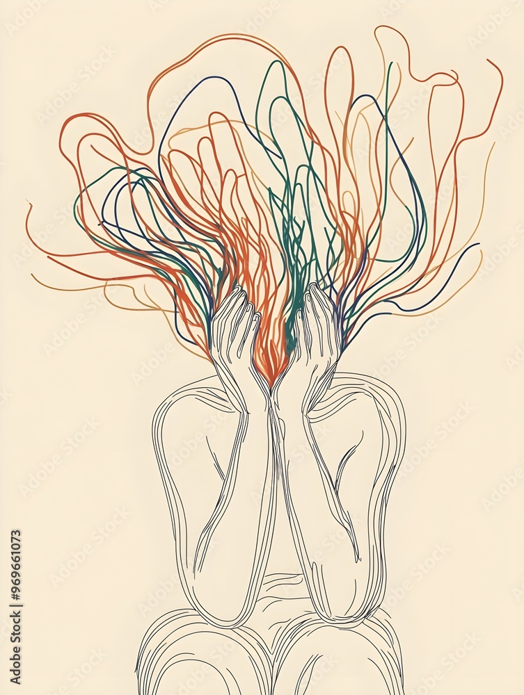 Intense, one-line drawing of someone suffering from bad mental health ...