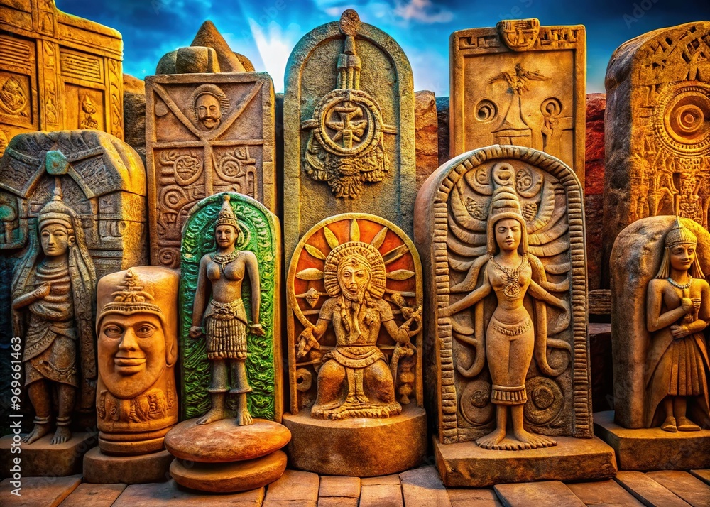 Ancient stone tablets and sacred texts display revered symbols and ...