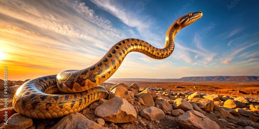 A regal, sun-worshiping serpent unfurls its sinuous body on a parched ...