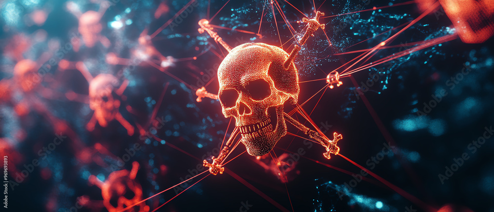 Cloud network diagram with glowing pirate icons, skull and crossbones ...