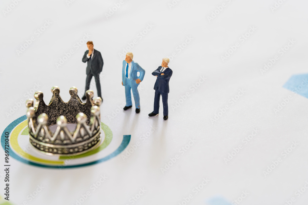 Miniature businessman standing and looking a crown on white paper ...