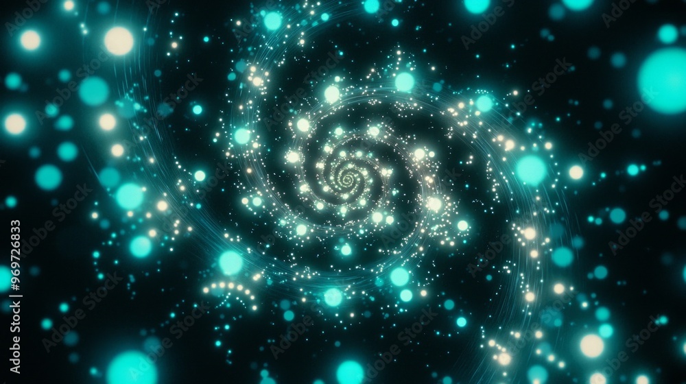 Turquoise dots scatter across a dark backdrop, forming a dynamic spiral ...