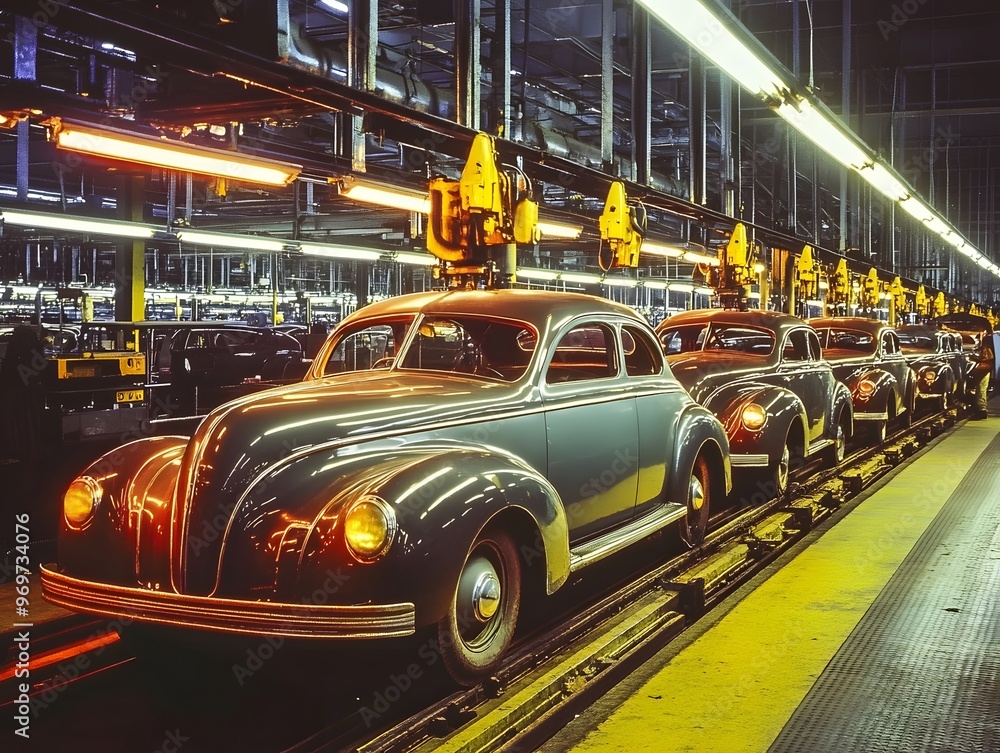 Vintage cars in assembly line inside an automotive factory with bright ...