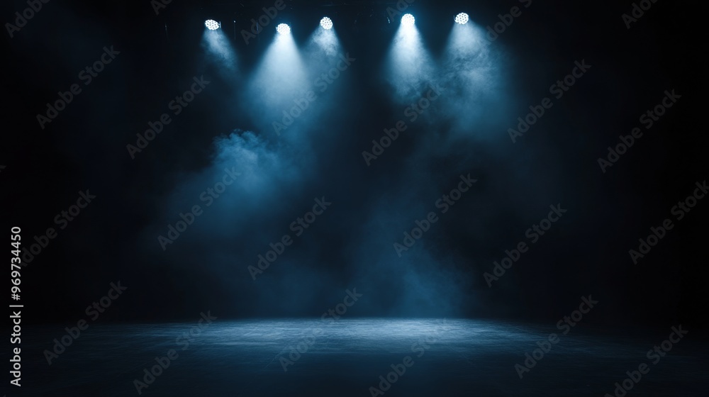 Dimly lit stage with fog and spotlights ready for a theatrical ...
