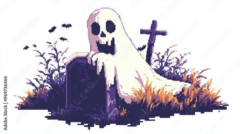 Pixel art ghost rising from grave with spooky atmosphere, perfect for ...