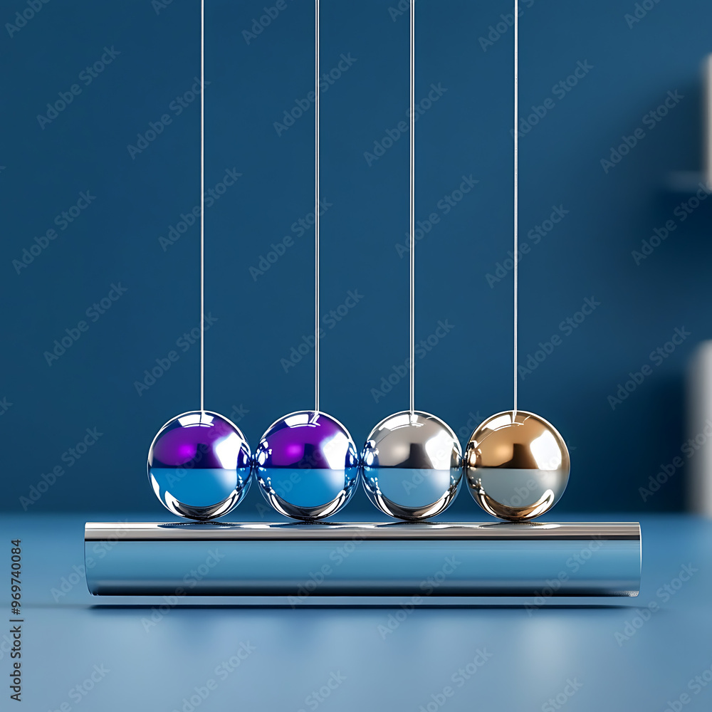 Newton Cradle, silver balls on a blue background. Physics concept ...