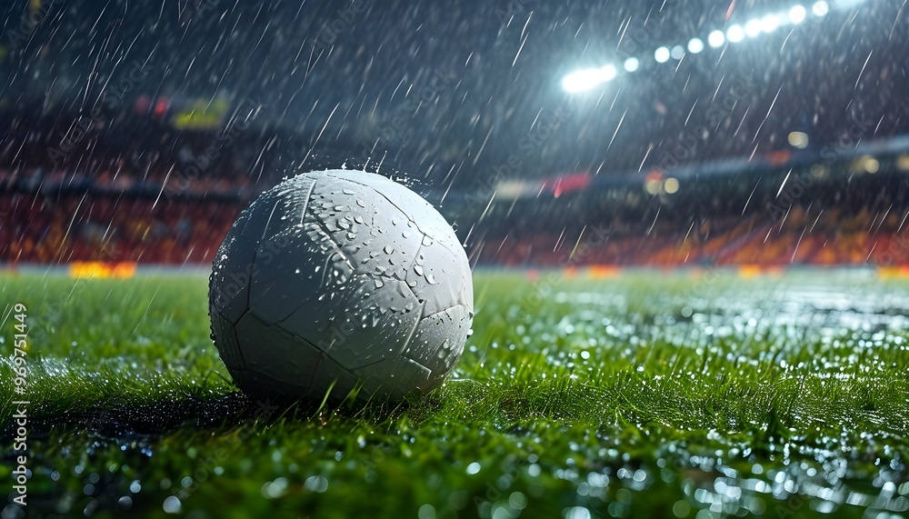 Rain-soaked football resting on textured grass in a drenched stadium ...