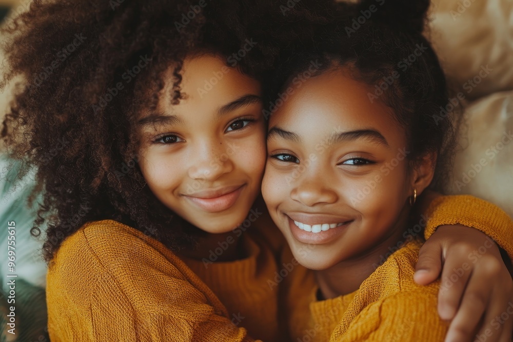 Younger and older sister spending time together at home. Two black ...